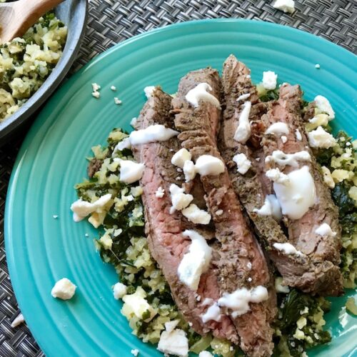 Mediterranean Flank Steak with Kale Cauliflower Rice - Talking Meals