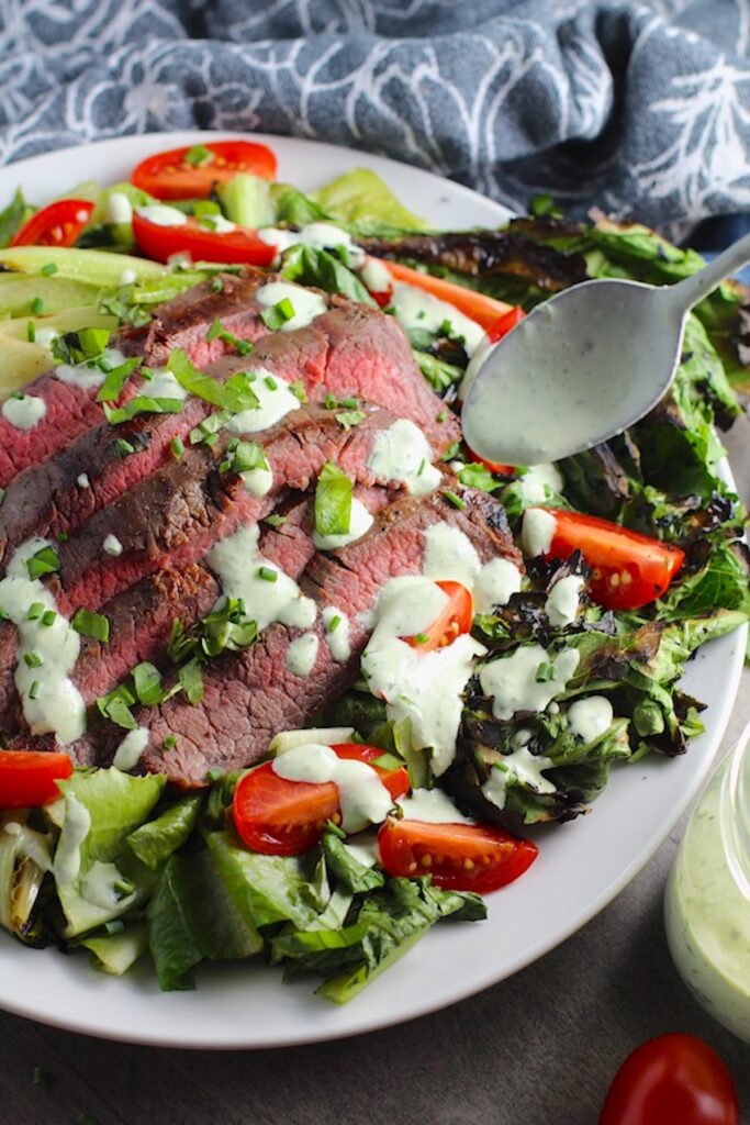 Grilled Flank Steak Salad Recipe with Basil Dressing - Talking Meals