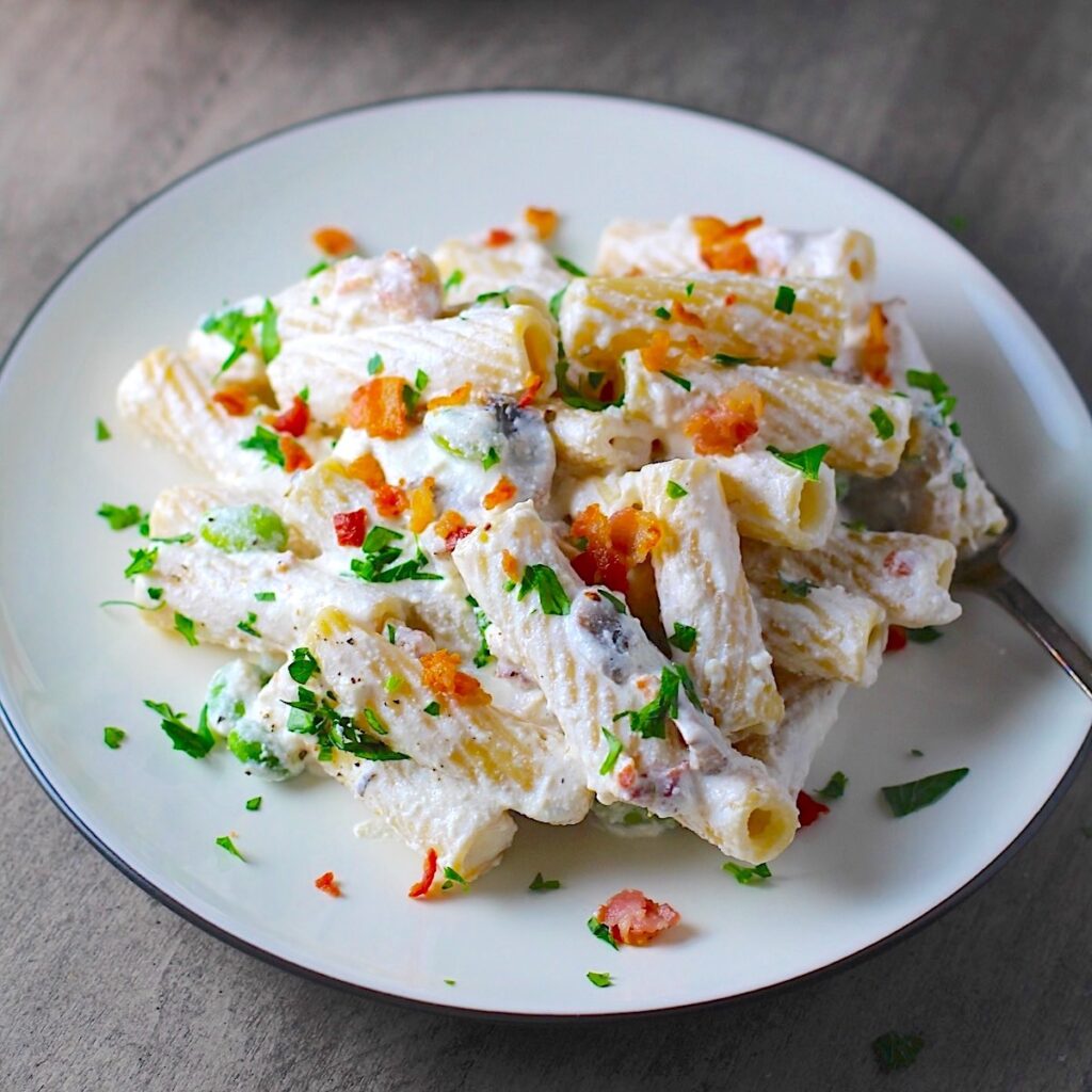 Ricotta Sauce Pasta with Bacon and Mushrooms - Talking Meals