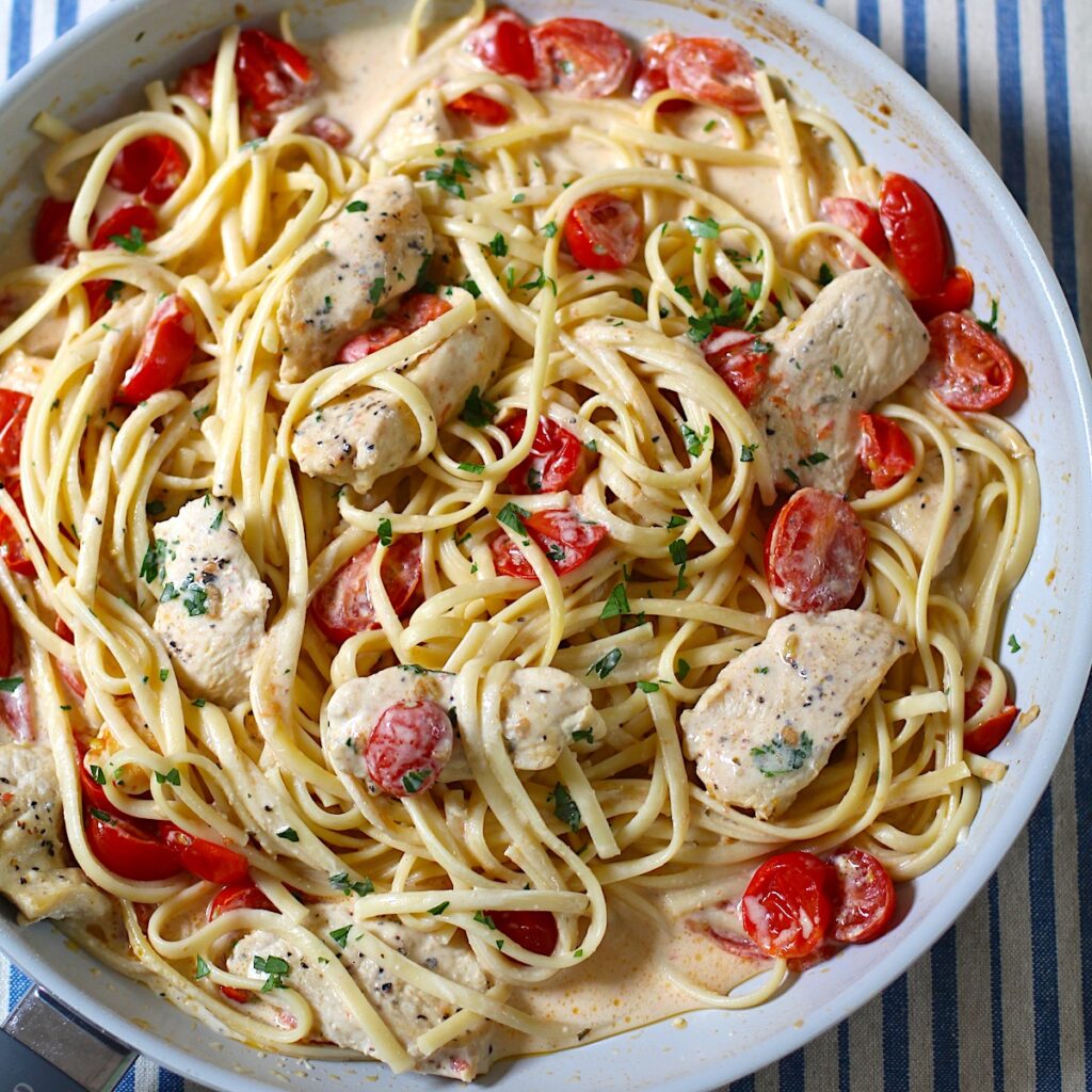 Easy Boursin Tomato Pasta with Chicken - Talking Meals
